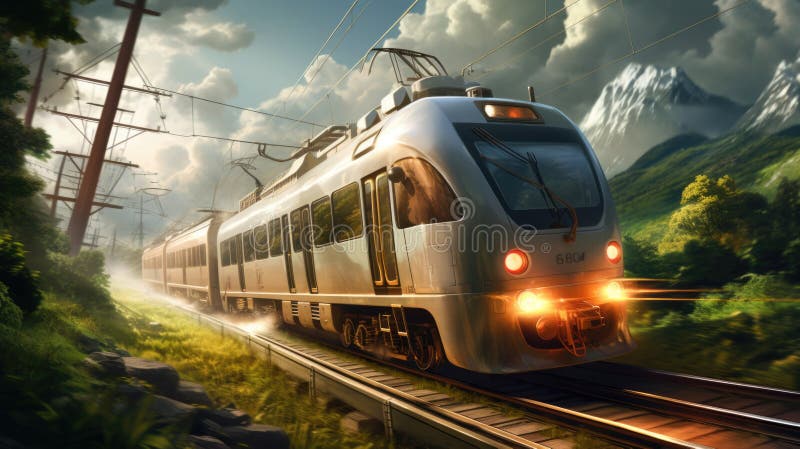 Electric Train in Motion with Dynamic Lightning Effects on a Sunny ...