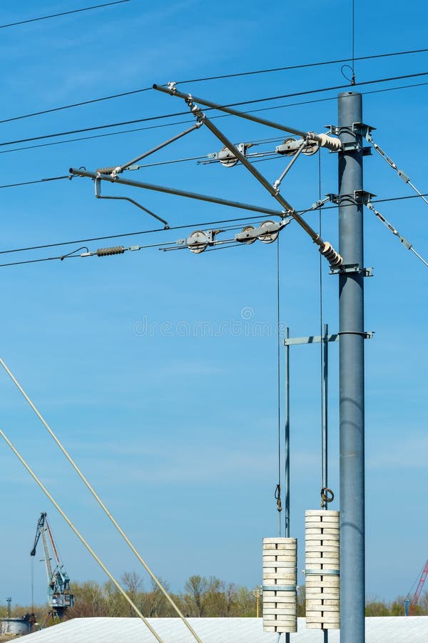 Electric Train Railway Line Tension Pole with Wires and Concrete ...