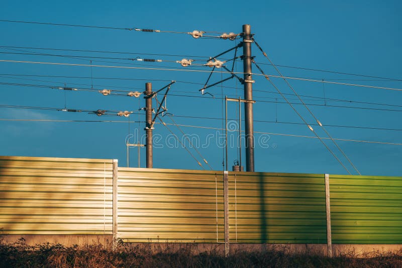 Electric Train Railway Line Tension Pole with Wires and Concrete ...