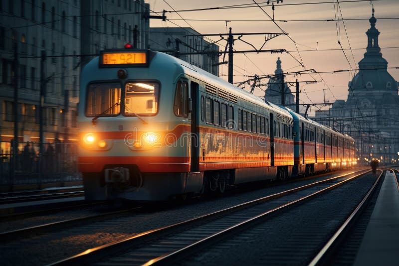 Electric Train Travels on Rails Stock Photo - Image of commuter, wagon ...