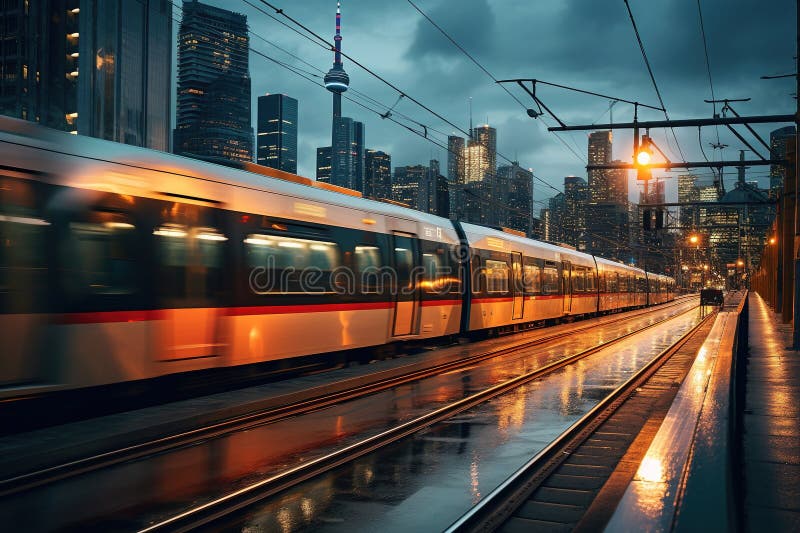 Electric Train Travels on Rails Stock Photo - Image of commuter, motion ...