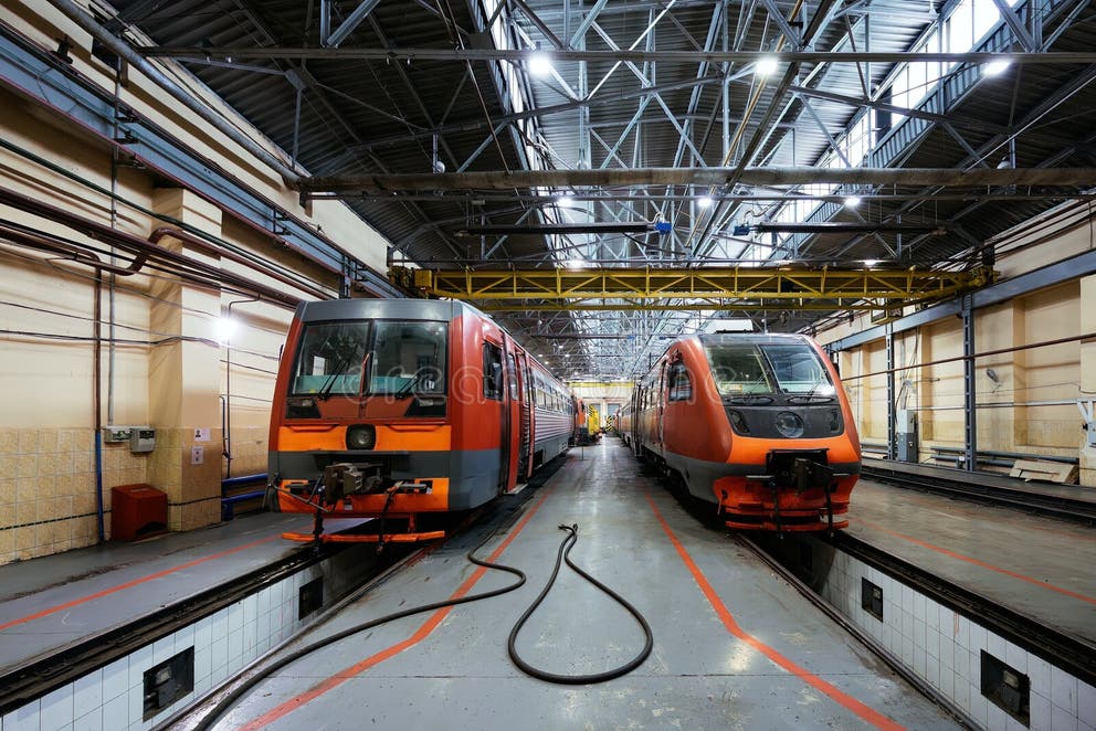 Electric Trains at Service in Train Repair Workshop Stock Image - Image of factory, maintenance ...
