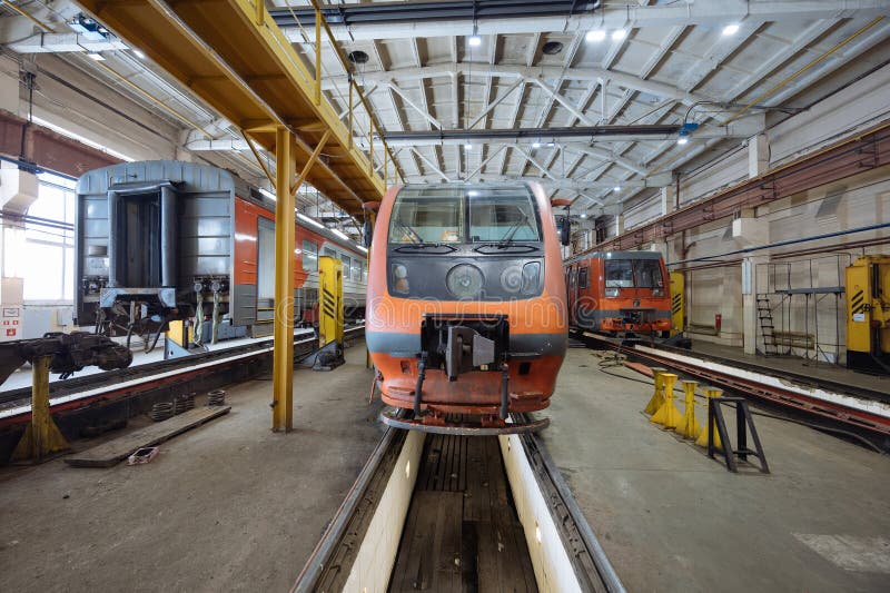 Electric Trains at Service in Train Repair Workshop Stock Photo - Image of engineering, inside ...