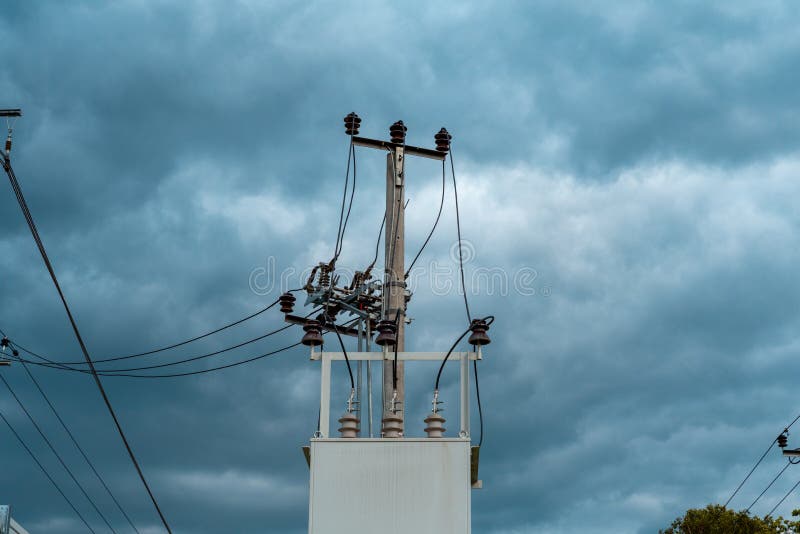Electric Transformer on the Background of a Cloudy Sky. Power and Storm ...