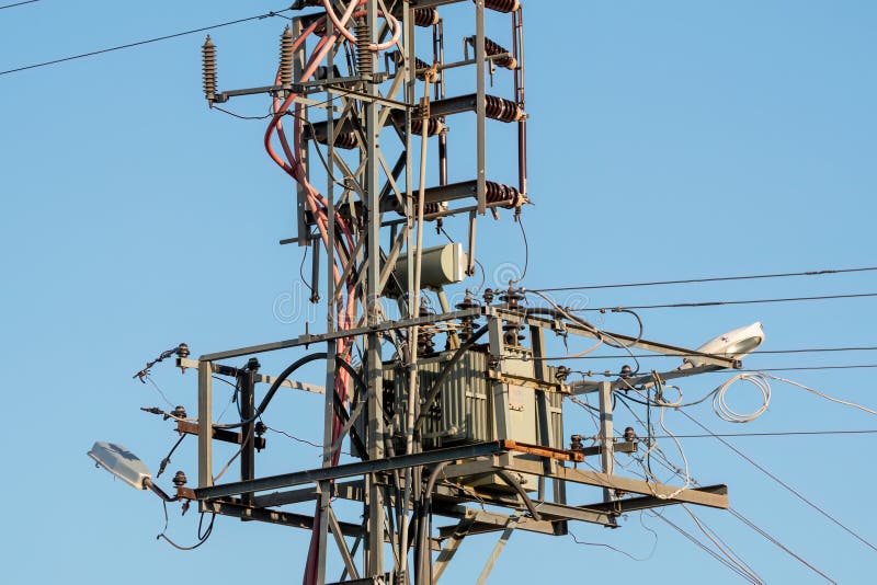 An Electric Transformer on a Electric Pole Stock Photo - Image of ...