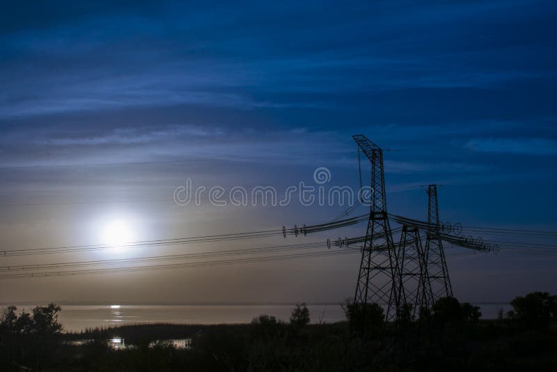 Electric Transmission Line on a Colorful Sunset Stock Image - Image of ...
