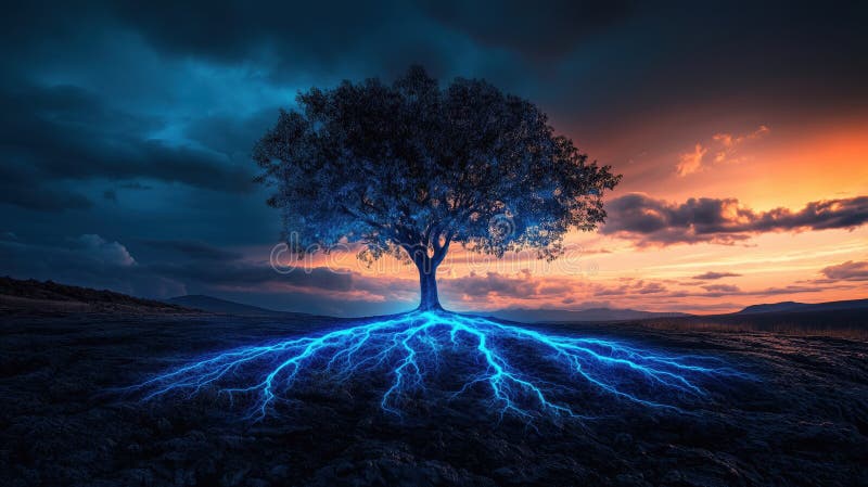 Electric Tree with Glowing Roots at Sunset Stock Photo - Image of scene ...