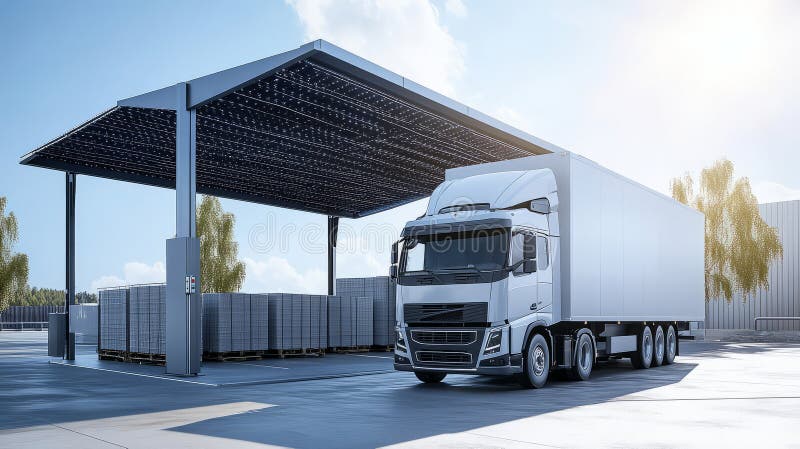 Electric Truck Loading Goods Under Solar Panels at Distribution Center ...