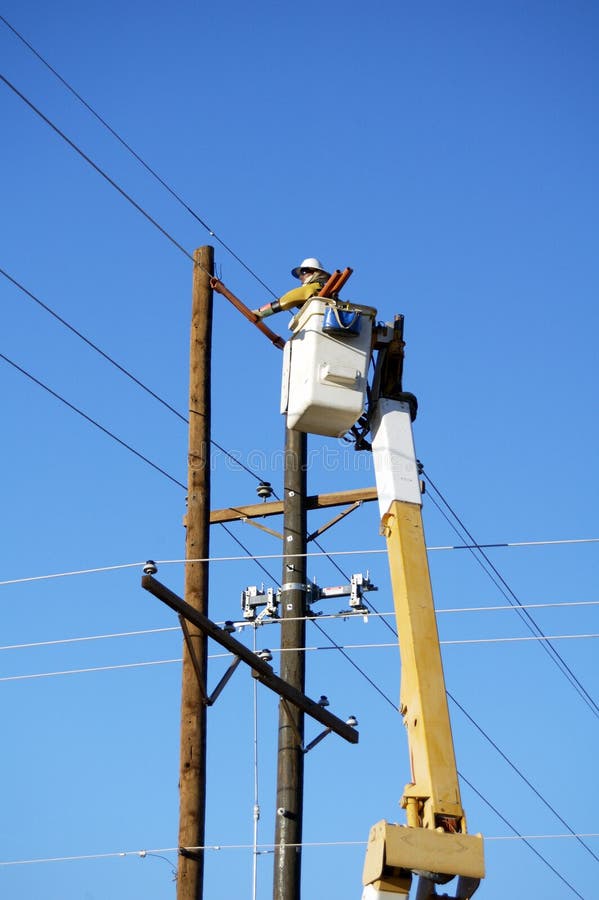 Power Electrician Lineman at Work on Pole Stock Image - Image of crew ...