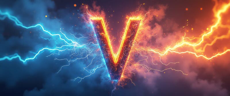 Electric V Symbol Igniting with Vibrant Blue and Orange Lightning Stock ...