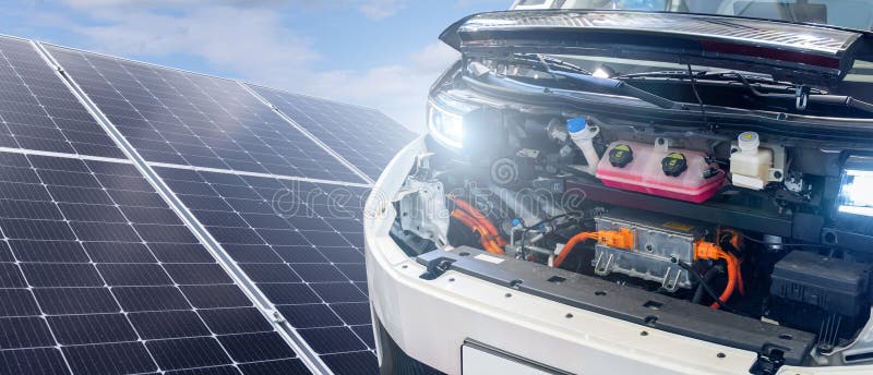 Electric Van with Open Hood on a Background of Solar Panels Stock Image ...