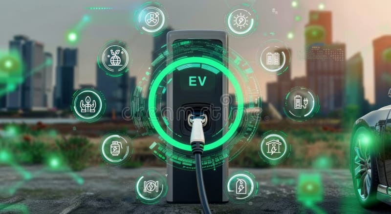 Electric Vehicle Charger with Virtual Digital EV Icons Stock ...