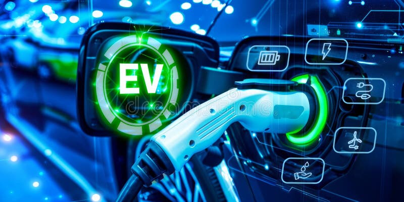 Electric Vehicle Charging with Digital EV Icon on Blue Digital ...
