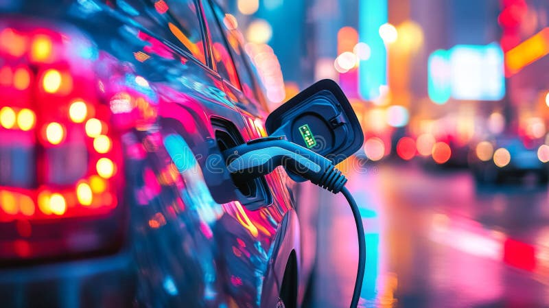 Electric Vehicle Charging at Night in City Lights Stock Illustration ...