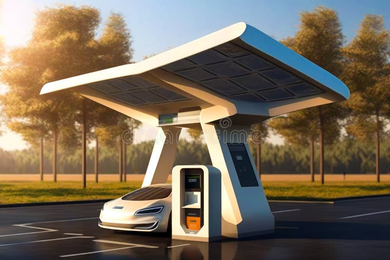 An Electric Vehicle Charging Station with Solar Panel on Top ...