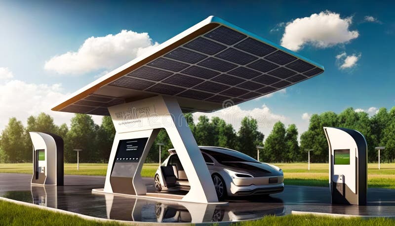 An Electric Vehicle Charging Station with Solar Panel on Top ...