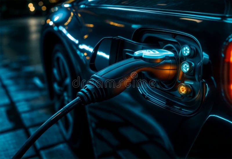 Electric Vehicle Charging Under Streetlight at Night Stock Image ...
