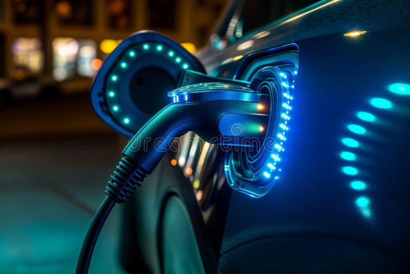 Electric Vehicle Charging Under Streetlight at Night Stock Photo ...