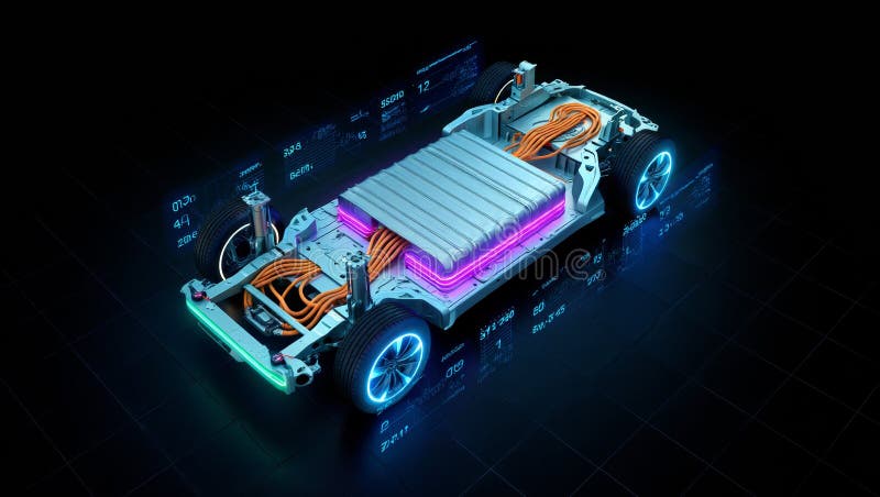 Electric Vehicle Chassis with Battery Pack and Wiring Harness Displayed ...