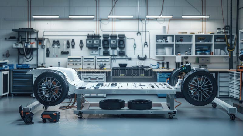 Electric Vehicle Components on Clean Workbench, Bright Lighting and ...