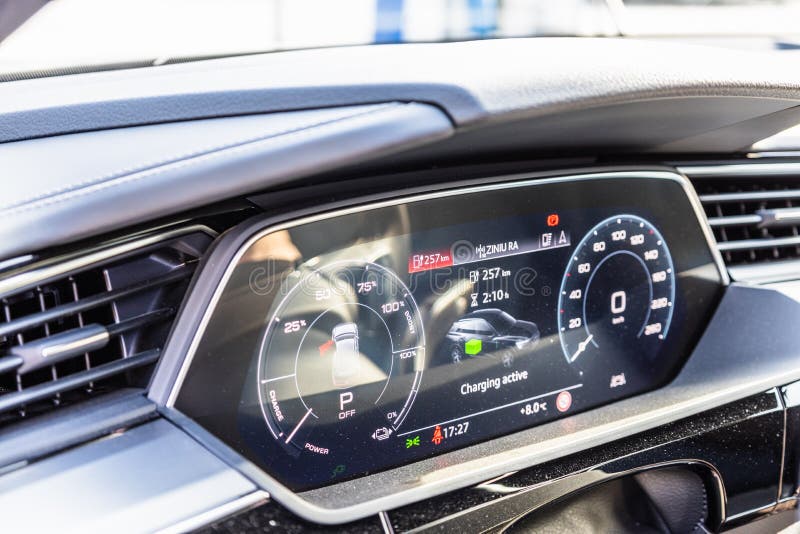 Electric Vehicle or EV Car Display Informs about the Battery Charge ...