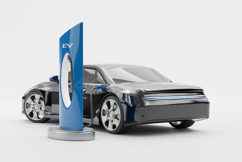Electric Vehicle EV Car with Energy Station Charging 3D Rendering Stock ...