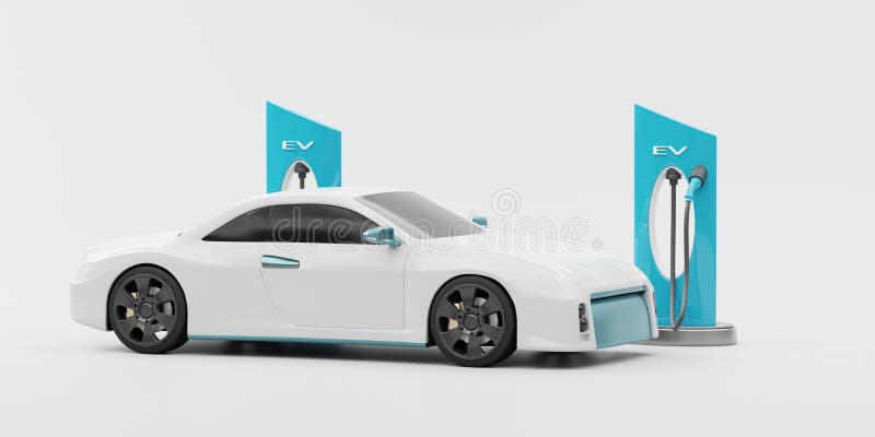 Electric Vehicle EV Car with Energy Station Charging 3D Rendering Stock ...