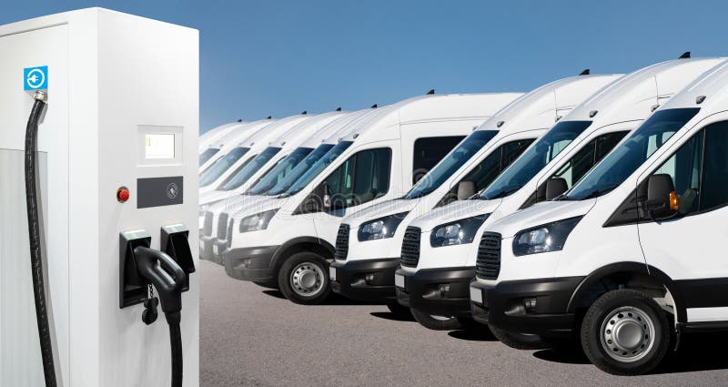 Electric Vehicles Charging Station on a Background of a Vans. Stock ...