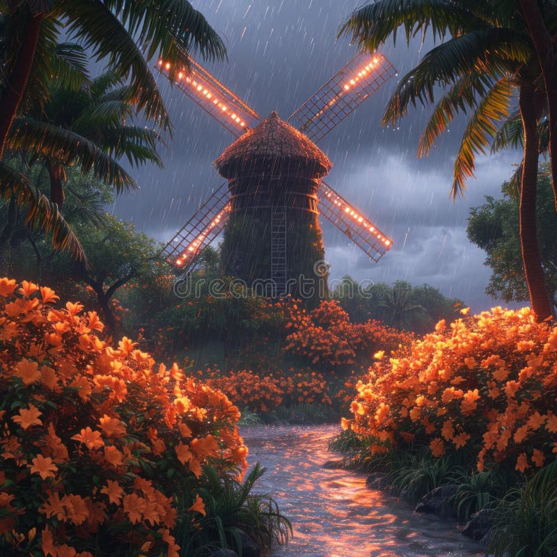 Electric Windmill in Winter, Spring and Summer with a River of Water ...