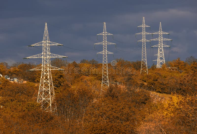 Electric Wire Pylons in Autumn Stock Photo - Image of dawn, nature ...