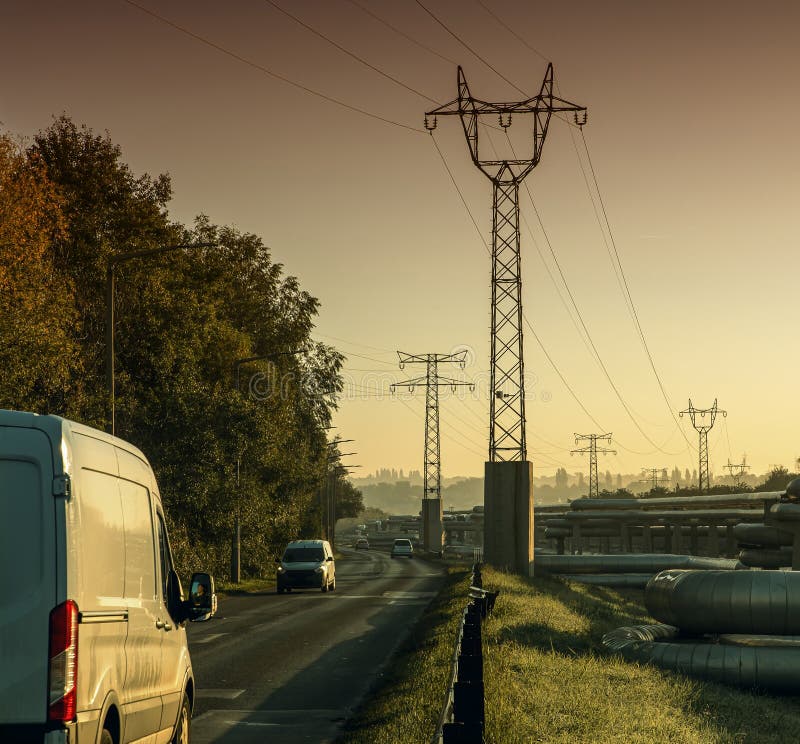 Electric Wires and District Heating Tubes with Road Traffic Stock Photo ...
