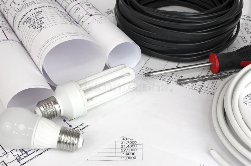 Electrical Cable and Bulbs on the Drawings Stock Image - Image of ...