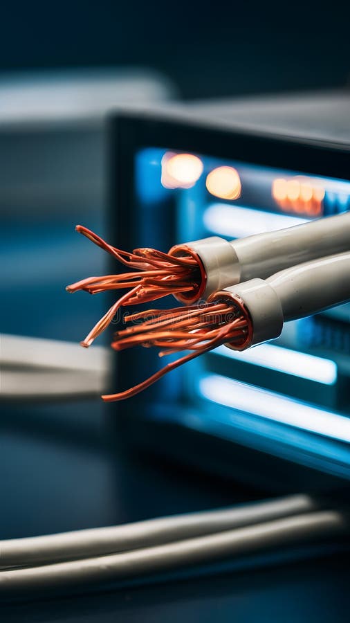 Electrical Cables with Exposed Wires Against Blurred Electronic Device ...