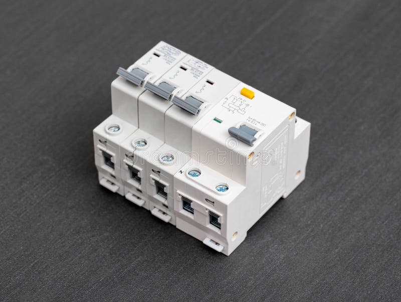 Electrical Circuit Breakers on a Gray Background, Close-up. Designed ...