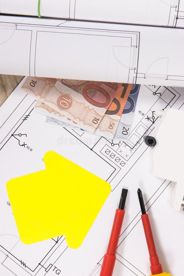 Electrical Components, Work Tools, Paper in Shape of House and Euro ...
