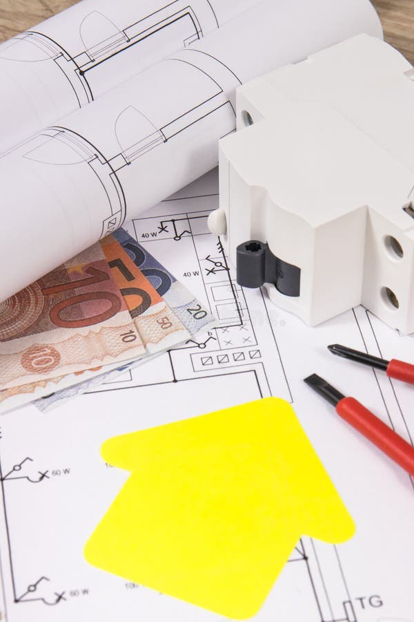 Electrical Components, Work Tools, Paper in Shape of House and Euro ...