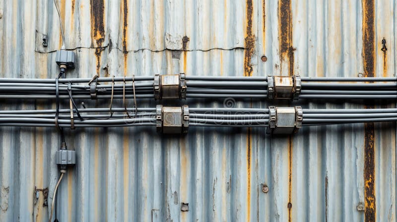 Electrical Conduits Running Along Rusty Corrugated Metal Wall Stock ...