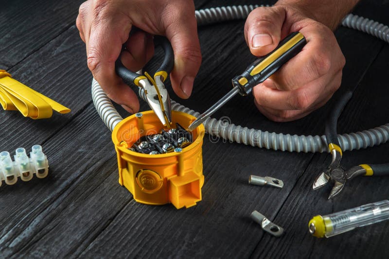 Electrical Connection in the Workshop of a Master Electrician. Close-up ...