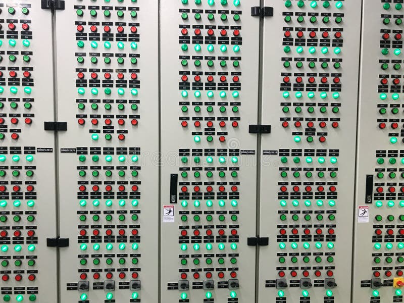Electrical Control Panel with Red and Green Lights, Closeup of Photo ...