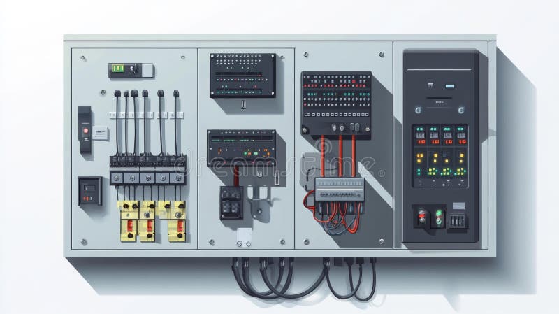 Electrical Control Panel with Switches and Wiring on a White Background ...