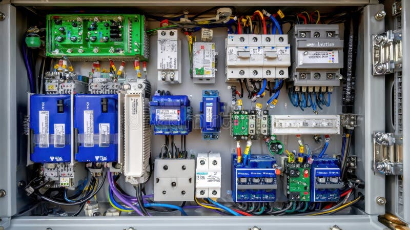 Electrical Control Panel with Various Components and Wiring Displayed ...