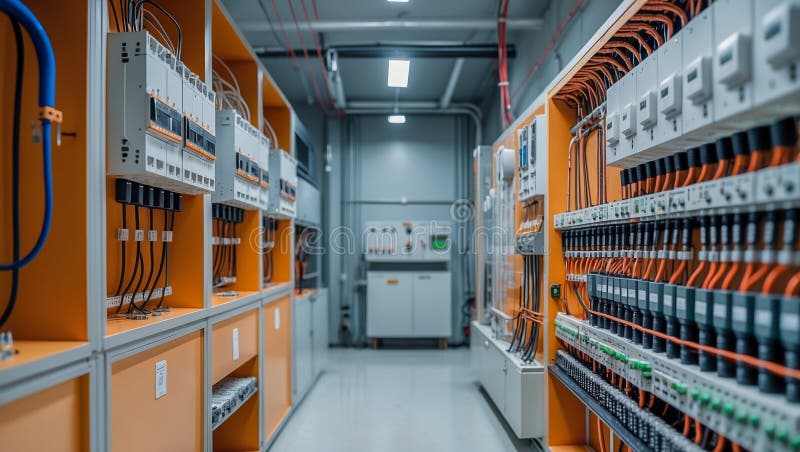 Electrical Control Room with Orange Cabling Stock Illustration ...