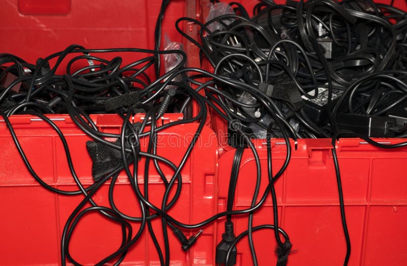 Electrical Cord Storage in Plastic Crate Containers. Stock Photo ...