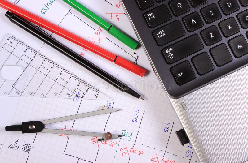 Electrical Diagrams, Accessories for Drawing and Laptop Stock Photo ...
