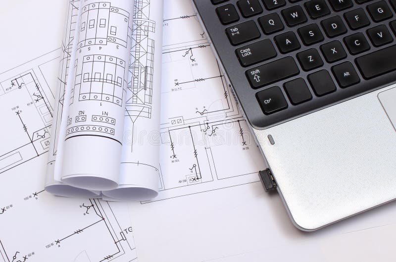 Electrical Diagrams, Construction Drawings and Laptop Stock Image ...