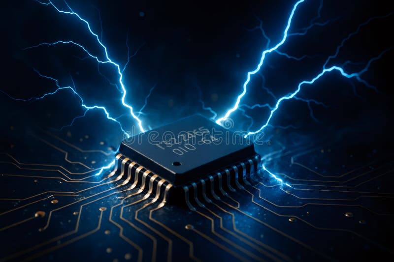 Electrical Discharges Striking a Microchip on a Circuit Board Stock ...