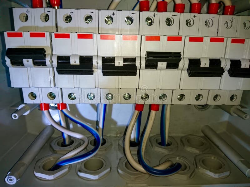 Electrical Distribution Board with Connected Wires and Circuit Breakers ...