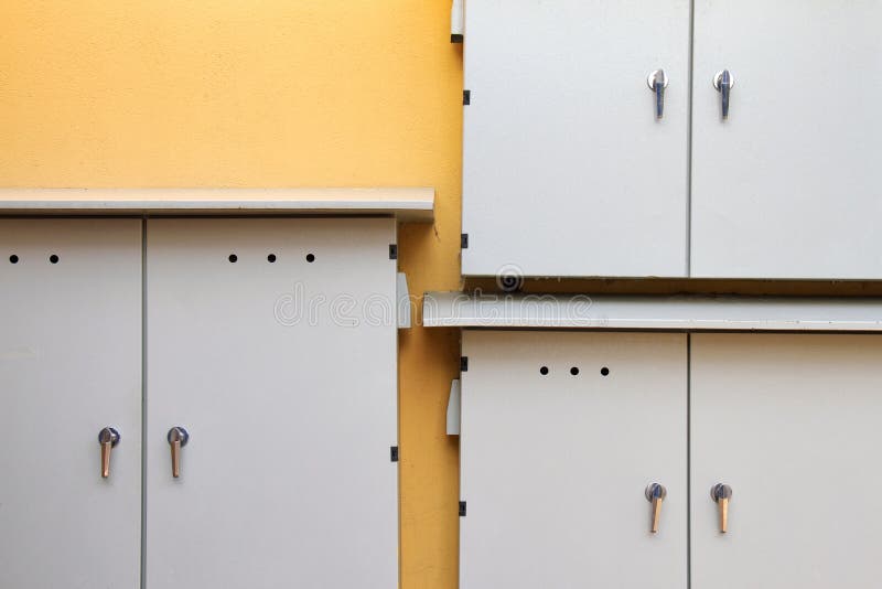 Electrical Distribution Control Boxes on Yellow Wall, Power Supply ...