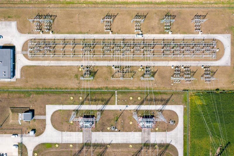 Electrical Distribution Substation, Power Lines, Aerial View Stock ...