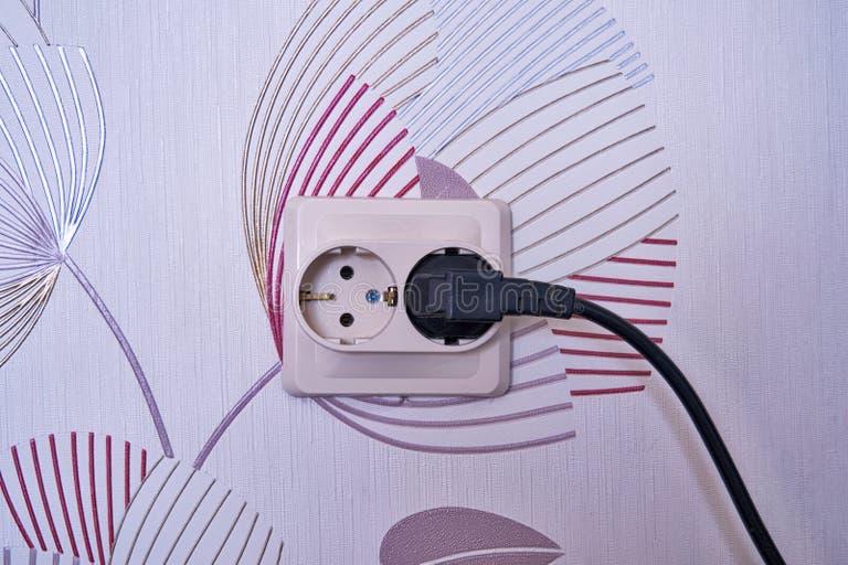 Electrical Double Socket Close-up. Double Socket with Plug Inserted on ...